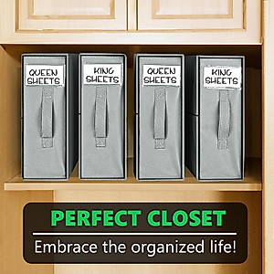 BIORM Bed Sheet Set Organizer 4 Pack, Foldable Storage Box for Queen/King Size Duvet Cover Set, Grey Linen Closet Organizer for Bed Sheets, Duvet Covers and Pillowcases