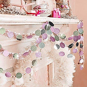 Glitter Silver Pink Circle Dot Garlands Party Decoratoins Polka Dots Streamer/Backdrop/Banner for Girls Birthday/Bday Party Hanging Decor/Bridal Baby Shower/Wedding/Anniversary/Engagement/Sweet 16