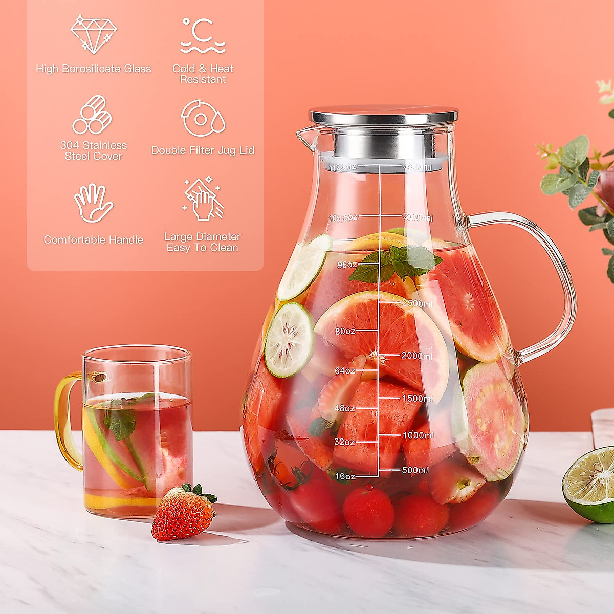 Glass Pitcher with Lid, 112.6OZ Upgrade Glass Water Pitcher with Precise Scale Line, 18/8 Stainless Steel Iced Tea Pitcher, HOUSALE Easy to Clean Heat Resistant Borosilicate Glass for Milk, Cold & Hot