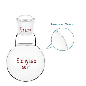 StonyLab Glass 50mL Heavy Wall Single Neck 1 Neck Round Bottom Flask RBF, with 19/22 Standard Taper Outer Joint - 50mL