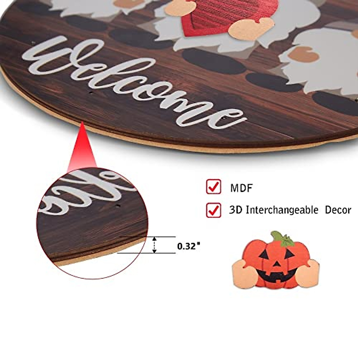 Interchangeable Seasonal Gnome Welcome Sign for Front Door Decor Rustic Wooden Welcome Sign with 10 LED Lights,12 Inches Modern Farmhouse Wall Home Sign for Holiday Halloween Thanksgiving Christmas