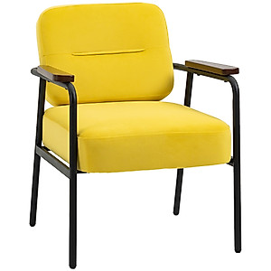 HOMCOM Modern Accent Chair with Cushioned Seat and Back, Upholstered Velvet Armchair for Bedroom, Living Room Chair with Arms and Steel Legs, Yellow