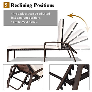 Tangkula Set of 2 Patio Furniture Outdoor Rattan Wicker Lounge Chair Set Adjustable Poolside Chaise with Armrest and Removable Cushions