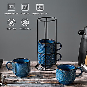 JH JIEMEI HOME Large Ceramic Coffee Mug Set of 4 with Stand, 15 Oz Stackable Different Embossment Ribbed Latte Cup Set for Cappuccino, Tea, Hot Cocoa, Drinks - Dishwasher & Microwave Safe, Blue