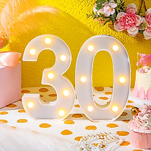 Treela 8.7'' Birthday Decorative LED Light up Numbers, Glitter Marquee Number Sign for Night Birthday Party Decorations Anniversary Bar LED Sign Backdrop Wall Table Centerpieces(30th,White)