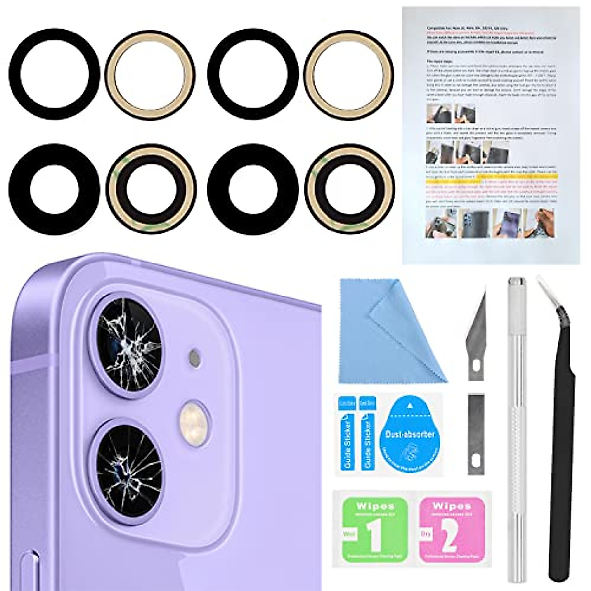 2PCS ASDAWN Back Camera Lens Glass Replacement for iPhone 12 and 12 Mini All Carriers,Rear Camera Lens Glass Replacement with Free Lens Film + Installation Manual + Repair Tool Set