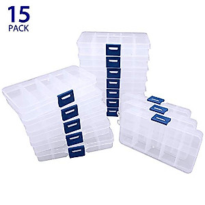 15-Pack Clear Small Jewelry Box - Plastic Organizer Box with Adjustable Dividers for Crafts, Bead, Fishing Tackle Storage, 10 Compartment Containers, 5 x 2.6 x 0.8 Inches