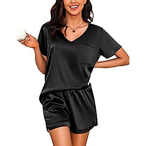 Litherday Women's Satin Silky Pajama Set Short Sleeve T-shirt with Shorts Set 2 Piece Pjs Lounge Set Black Medium