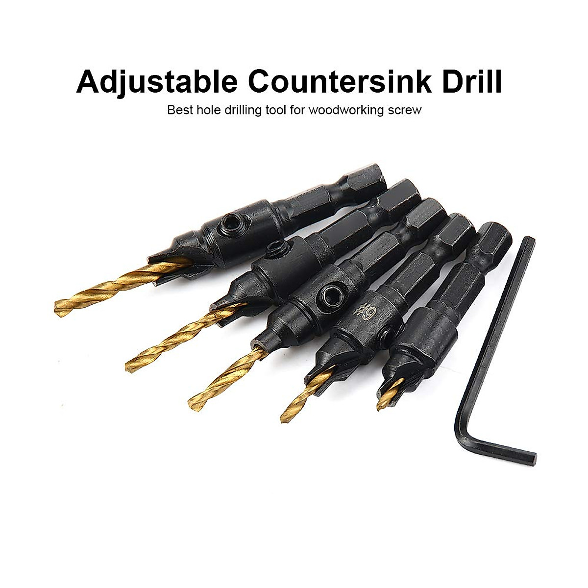 Countersink Drill Bit Set, 1/4 inch Hex Shank Countersink Drill Bit, Power Tools Accessories for Plastic, Metal, Woodworking Tool by Power Drill 5Pcs/Set #5, 6, 8, 10, and #13 (Gold)
