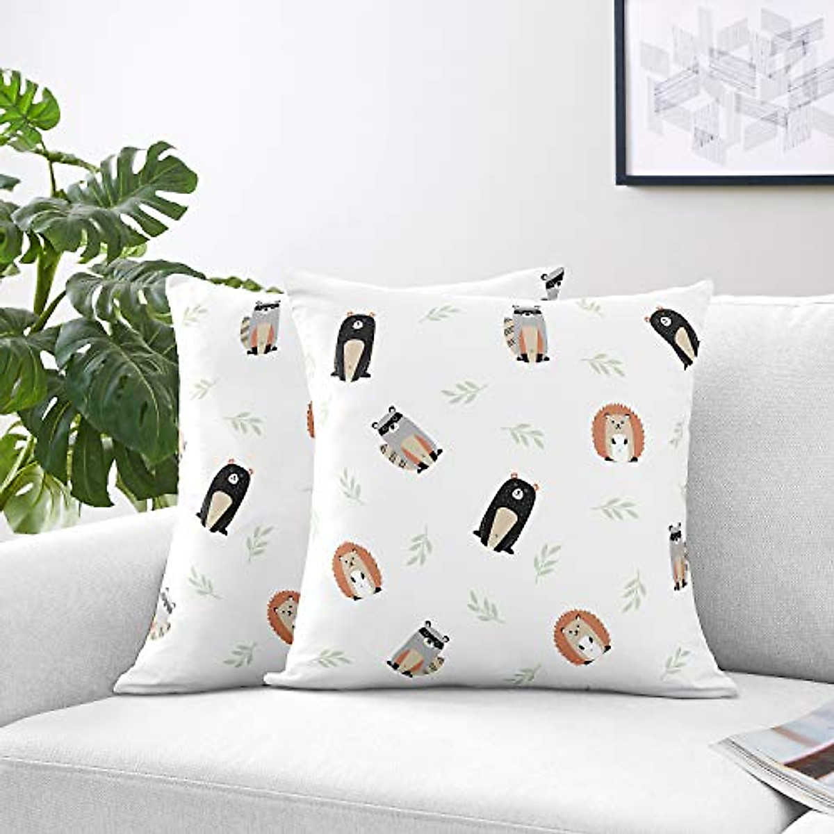 Sweet Jojo Designs Bear Raccoon Hedgehog Forest Animal Decorative Accent Throw Pillows for Woodland Pals Collection - Set of 2 - Neutral Beige, Green, Black and Grey