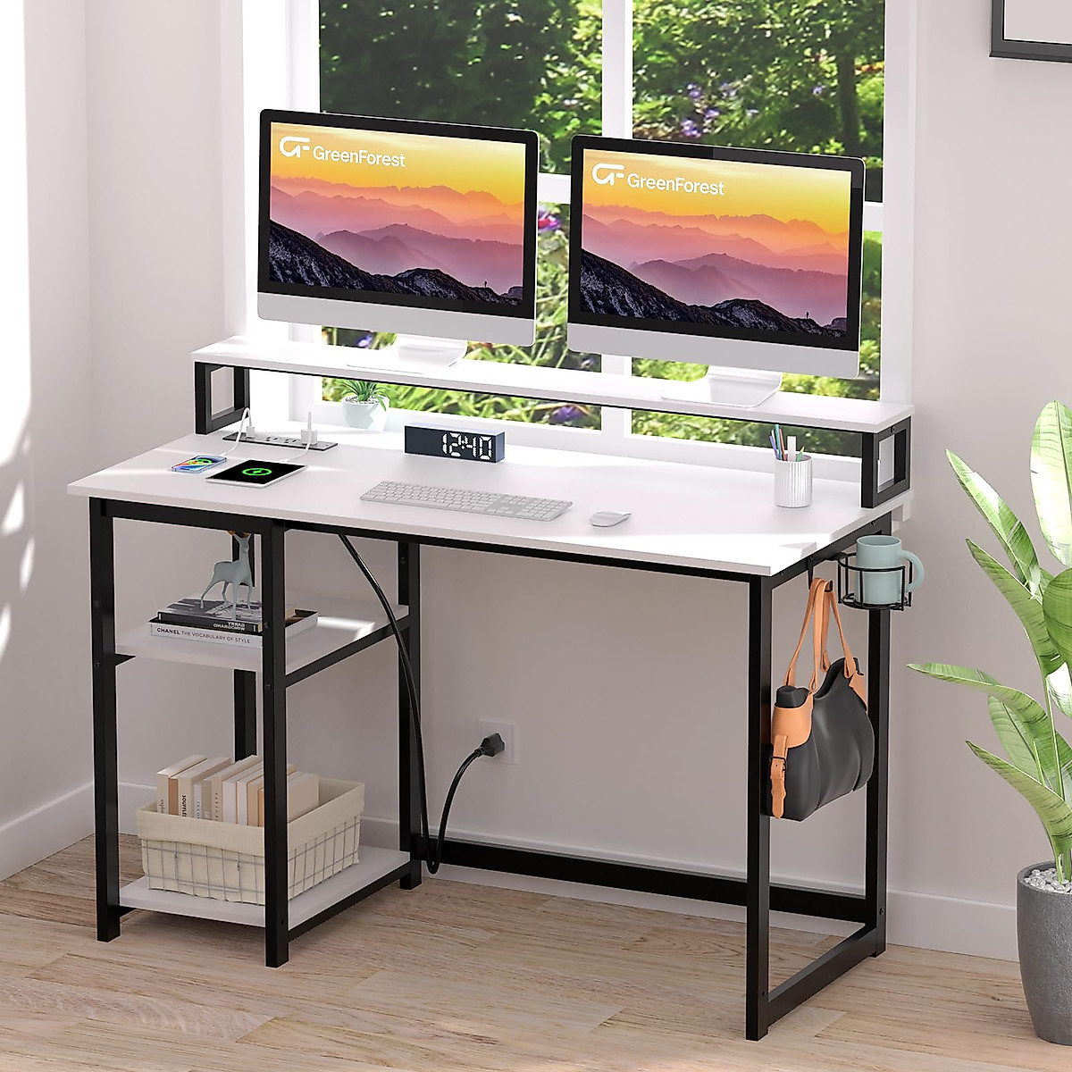 GreenForest Computer Desk with USB Charging Port and Power Outlet, Reversible Small Desk with Monitor Stand and Storage Shelves for Home Office, 40 in Work Desk with Cup Holder Hook, White