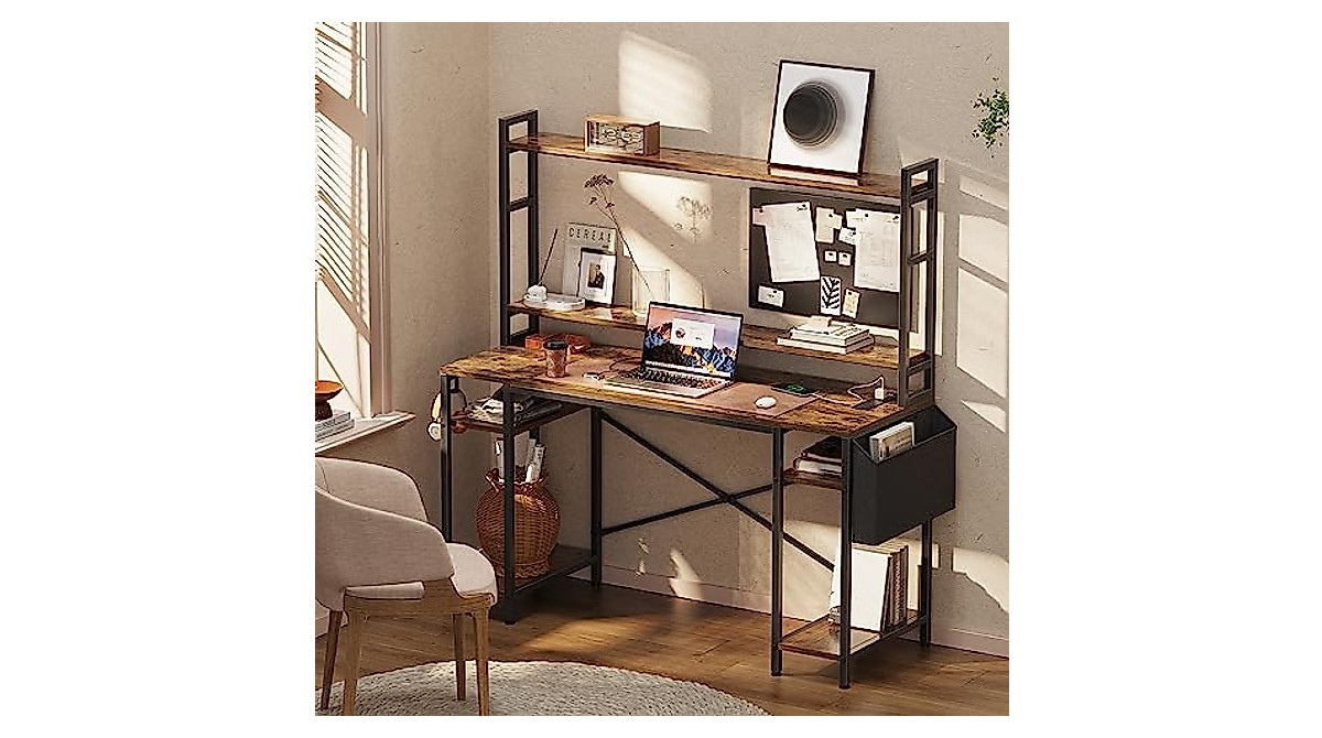 Huuger 55-inch Computer Desk with LED Lights & Adjustable Shelves