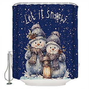 Navy Blue Snowman Christmas Shower Curtain, Xmas Pine Cones Botanical Stall Shower Curtains for Bathroom/Bathtub, Winter Snowflake Waterproof Fabric Shower Curtain Set with 12 Hooks, Standard 72"x72"