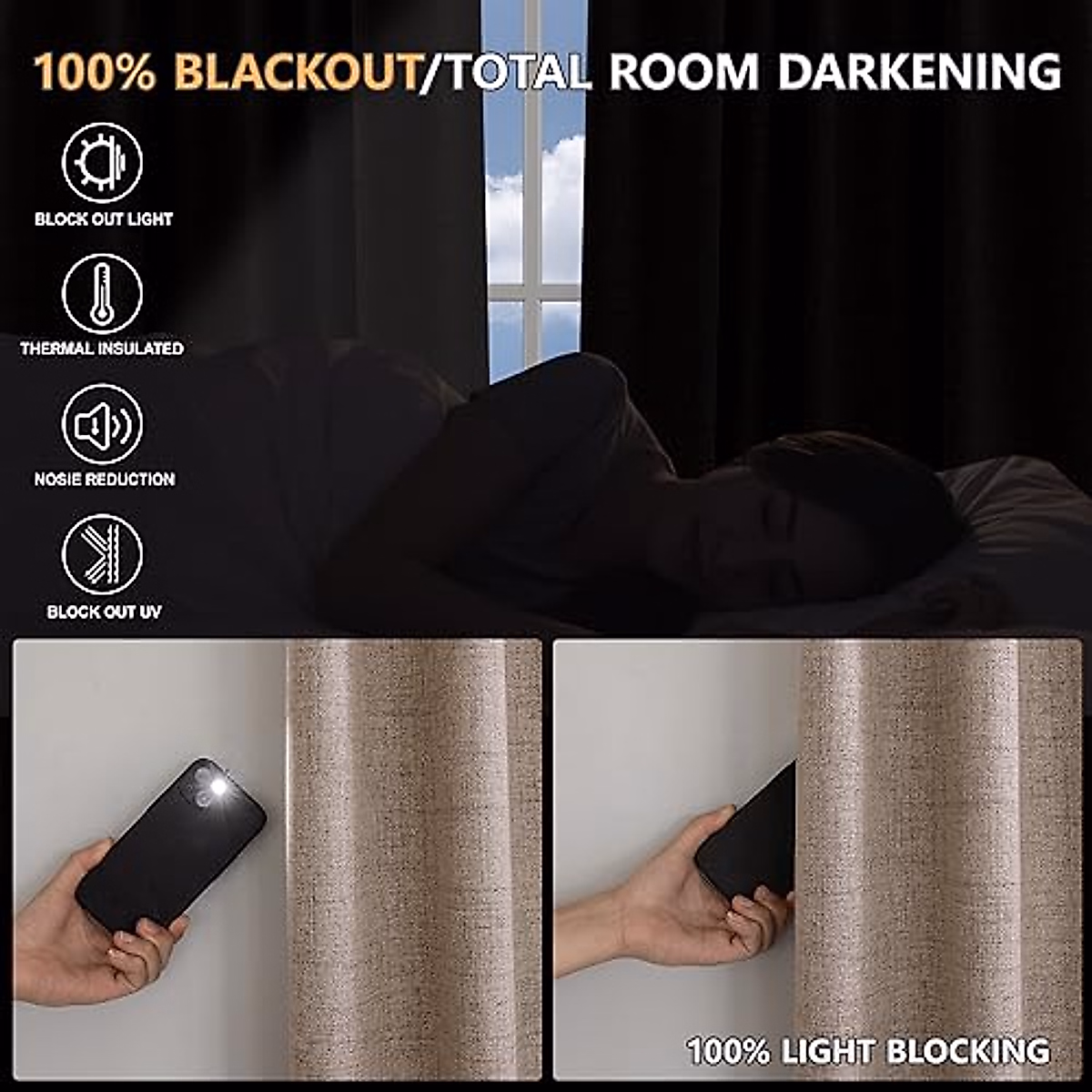 Novecozy 100% Blackout Curtains 84 Inches Length Long,Linen Thermal Insulated Curtains & Drapes for Bedroom/Living Room,Rod Pocket/Back Tab/Hook Belt/Ring Clips (2 Panels,W50 x L84 Inch,Natural)