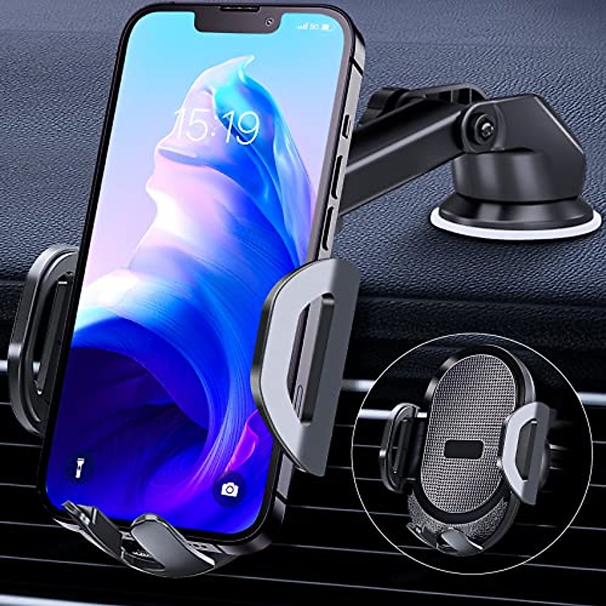 Huryfox Car Phone Holder Mobile Mount - Handsfree Driving Cellphone Stand, Smartphone Support on Dashboard, Windshield, Vent and More, Automobile Cradle Compatible with iPhone, Android Phone