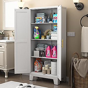 White Metal Pantry Cabinet with 2 Doors and Adjustable Shelves, 61" Kitchen Storage cabinets with Gold Handles, Versatile Storage for Laundry/Living/Dinning Room, Bathroom,Utility Room