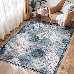 CAPALOCA Area Rugs for Living Room 6x9 Washable Area Rugs Boho Vintage Design Indoor Decor Carpet, Non Slip Low Pile Soft Area Rugs Water Repellent Polyester Bluegrey