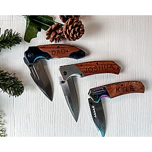 Personalized POCKET KNIFE Engraved Wood Folding Knive Stainless Steel l Standard Edge 5" Blade Wood Handle With Ultra-Secure & Comfortable Belt Clip Custom Gifts for Him Men Dad Boyfriend Father Husband Anniversary Groomsmen (Knife Engraved)