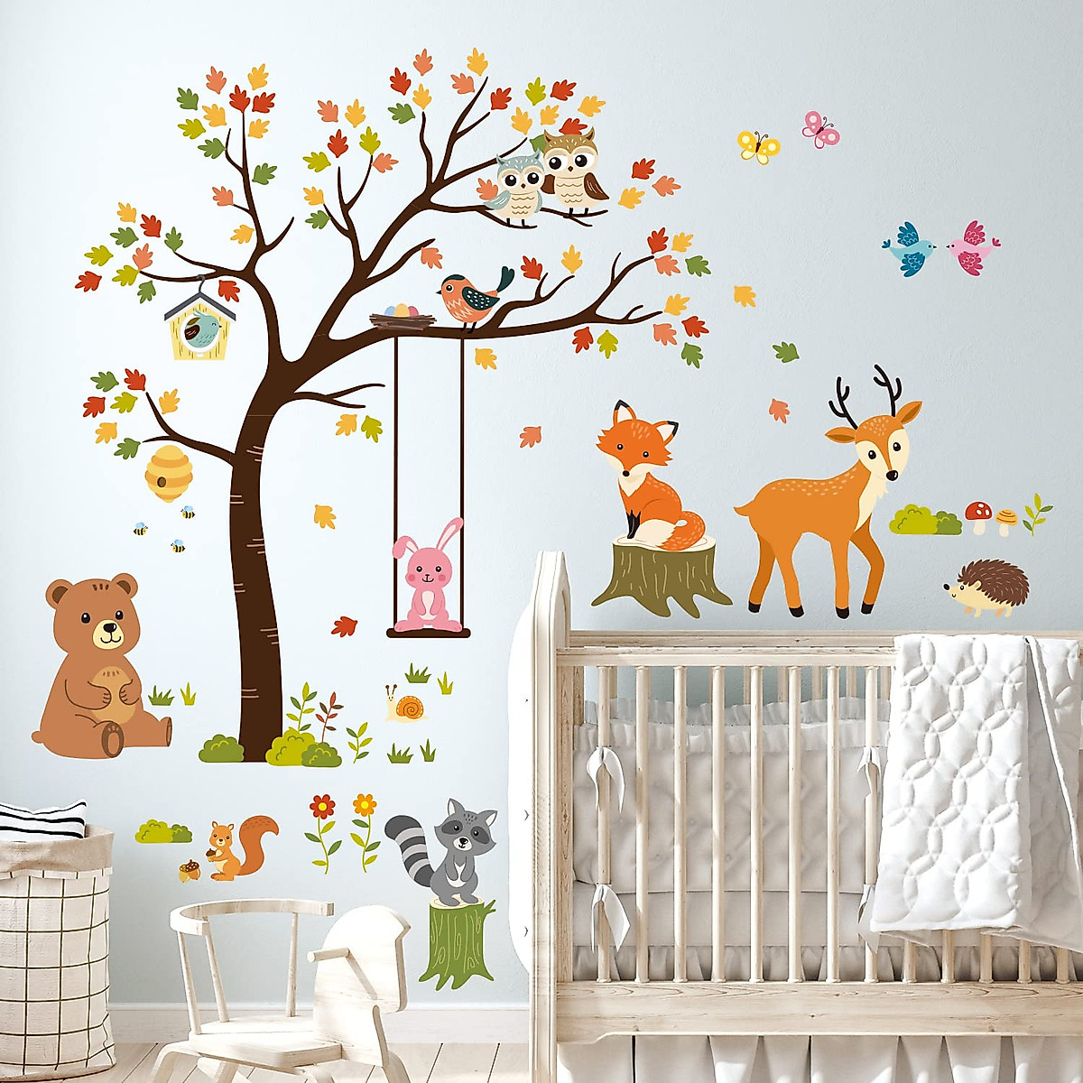 DECOWALL SG-2208 Tree and Animals Wall Decals Stickers Nursery Kids Autumn Bedroom d?cor Baby Room Forest Deer Woodland Fox playroom Jungle Living Classroom Squirrel Art Bear DIY owl Removable
