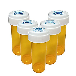 Empty Pill Bottle Vials 16 Dram (2 oz) with Push Down Caps [Pack of 5] Amber Pharmaceutical Prescription Dispensing Bottles with Safety lids with Child Resistant Caps - Plastic Medicine Bottles (5)