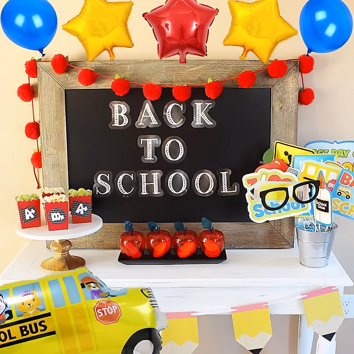 CYMYLAR 11 Pcs Back to School Balloons/Large Yellow School Bus Balloon/Colorful School Bag Pencil Crayon Box Foil Balloons/Red Yellow Mylar Helium Star/School Teacher Party Supplies/Blue Latex Balloon