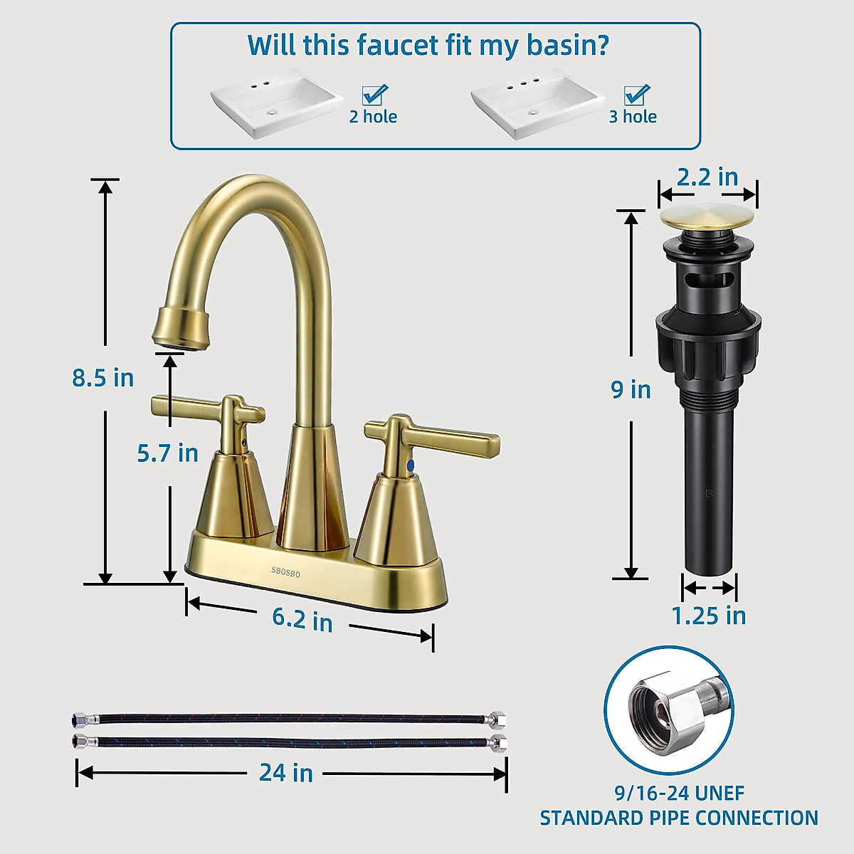 Bathroom Sink Faucet, SBOSBO 4 Inch Bathroom Faucet for Sink 3 Hole, 2 Handle Sink Faucet with Pop Up Drain Assembly and 2 Water Supply Hoses for RV Bathroom Vanity (Brushed Gold)