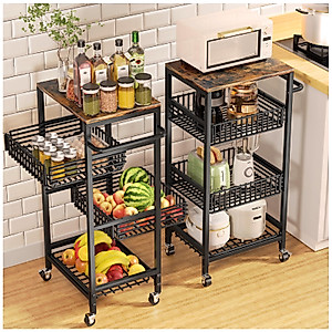 4Tier Roling Cart, Utility Cart, Storage Cart, Kitchen Carts on Wheels with Wood Top, Pull-Out Wire Basket for Fruit, Black
