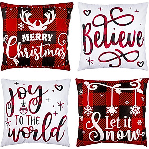 Christmas Pillow Covers 18x18 Set of 4 Winter Throw Pillow Covers Holiday Buffalo Plaid Pillow Covers Merry Christmas Pillows for Couch Sofa Home Decor Xmas Cushion Covers Indoor Decor Thicker