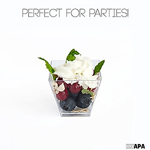 Ilyapa 100 x 2oz Mini Plastic Dessert Cups with Spoons - Dessert Shooter Plastic Glasses, Elegant Mini Appetizer Cups for Chocolate & Cheesecake, Mini Tumbler Square Cup, Puddings, Mousse, Parfaits