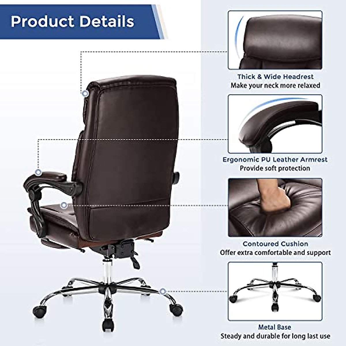 Executive Office Chair, Ergonomic Big and Tall Leather Swivel Rolling Managerial Reclining Computer Desk Task Chair, Adjustable High Back Recliner Chair with Padded Armrests and Retractable Footrest