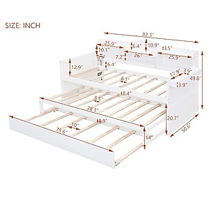 Linuque Twin Size Daybed with 2 Twin Trundles and Storage Shelf, Wooden Sofa Bed Frame with USB Charging Ports, No Box-Spring Needed, White