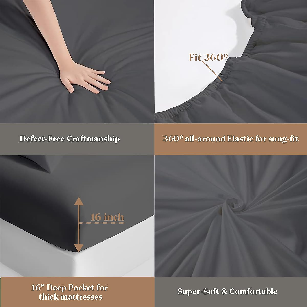 Peace Sleep Bedding - 600 TC Egyptian Cotton Sheets - Luxury Queen Size Cooling Bed Sheets - Soft Sateen Weave Cotton Sheets for Queen Bed - Deep Pocket Fits Upto 16" Deep Mattress - Dark Grey