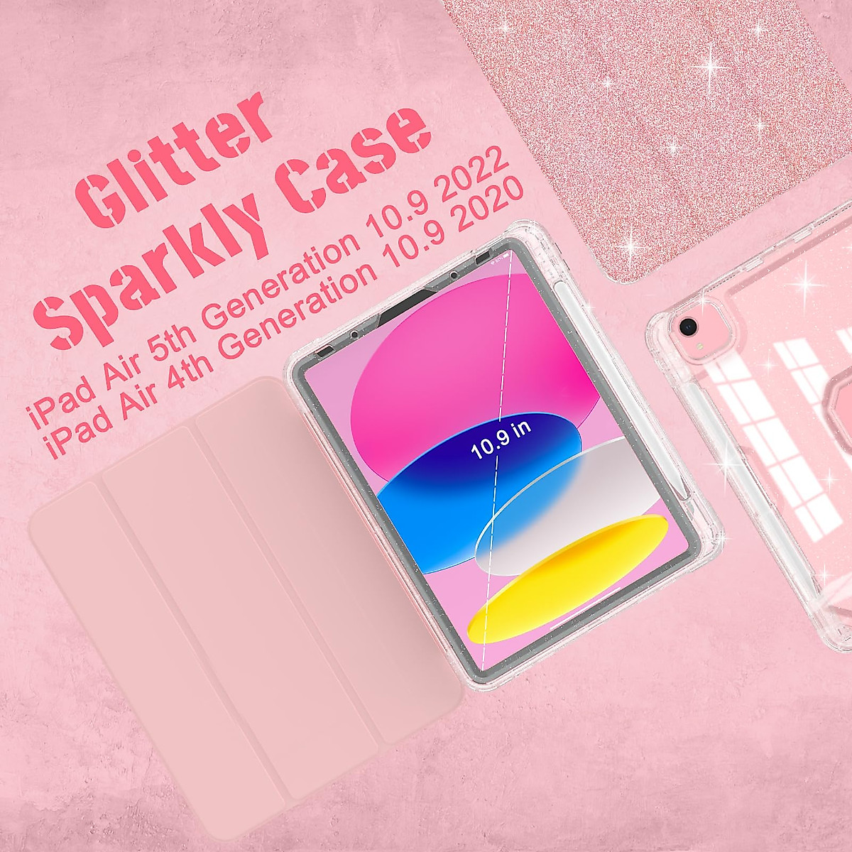 iPad Air 11 Inch Case 2024, iPad Air 5th/4th Gen Case 2022/2020 10.9 Inch with Pencil Holder, Auto Wake/Sleep, Sparkly Glitter Trifold Stand Leather Cover with Shiny Clear TPU Back, Rose Gold