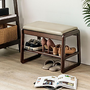 Cttasty Shoe Bench, Entryway Bench with Leather Cushion, Solid Wood Shoe Rack, Mid Century Modern Bench, Shoe Storage, Shoe Organizer for Entryway, (Grey), 21.7 L x 11.8 D x 16.5 H Inches