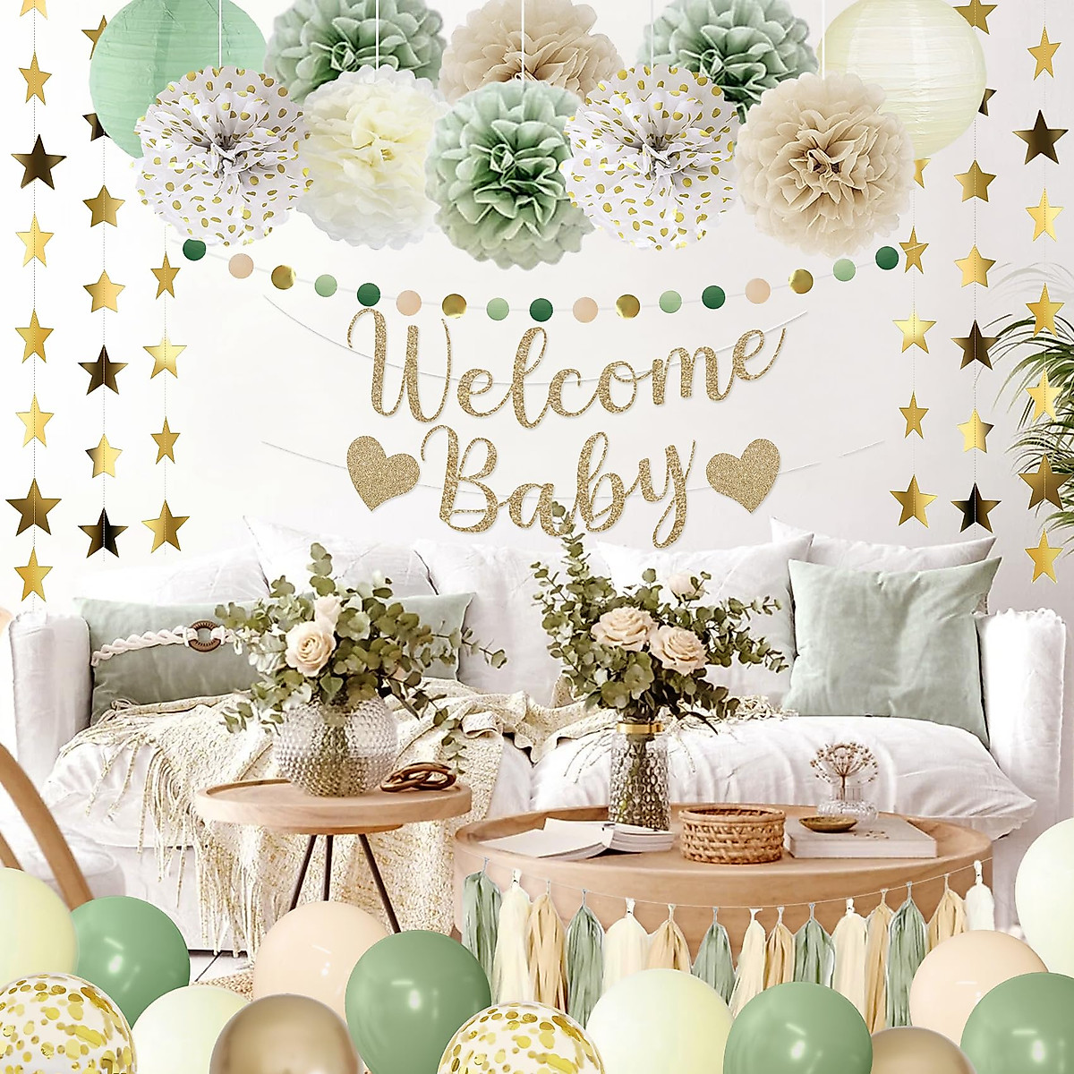 Amandir Baby Shower Decorations Sage Green Balloons Welcome Baby Banner, Cake Topper, Paper Lanterns, Pom Poms Flowers Tassels, Circle Dots Star Garland, Neutral Gender Reveal Birthday Party Supplies