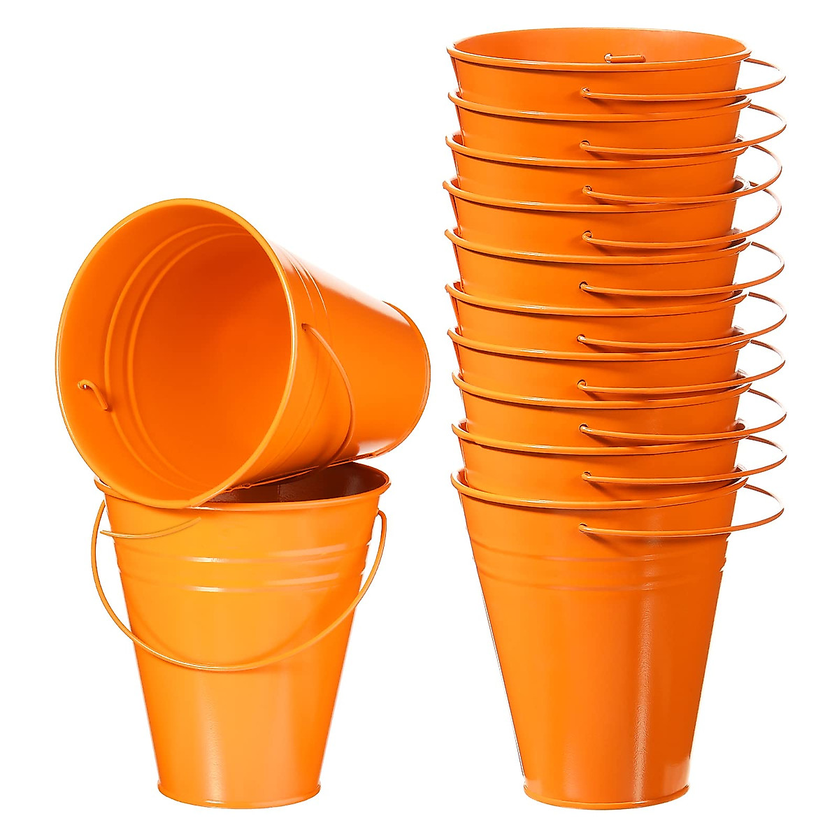 12 Pack Halloween Galvanized Buckets, Metal Bucket with Handle, 5 Inch, Tin, Mini Round Flower Pot Plant Basket, Party Supplies for Christmas Halloween Candy Bars Vase Crafts Favors(Orange)