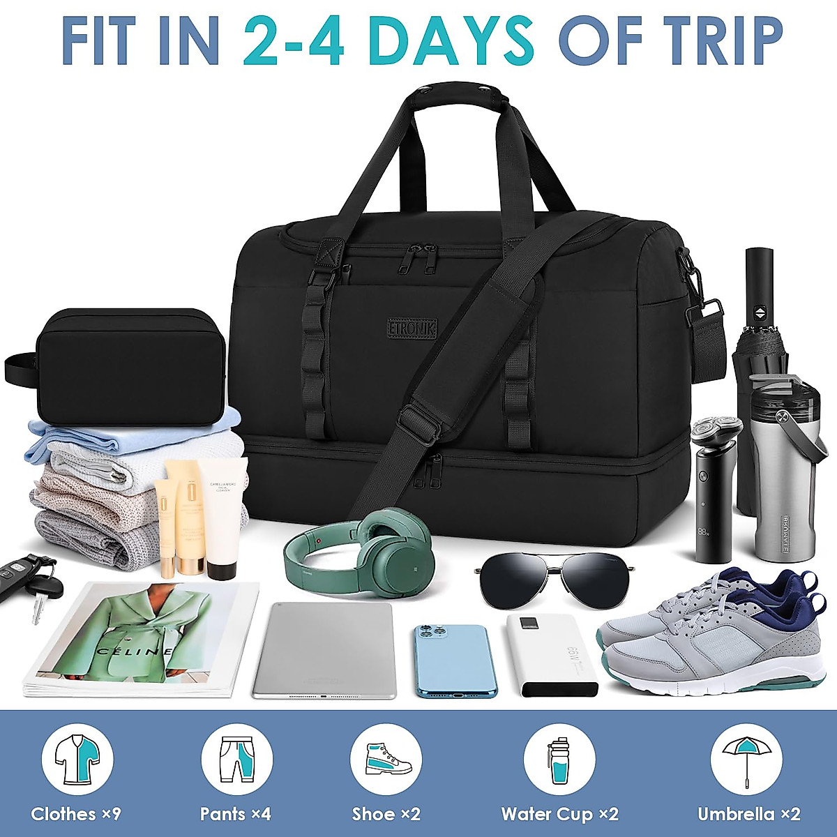 ETRONIK Travel Bag for Men Women, Duffle Bag & Gym Bag with Shoe Compartment, Weekender Overnight Bag with Toiletry Bag, Carry on Bags for Airplane for Travel, Trip, Gym, Yoga, Black