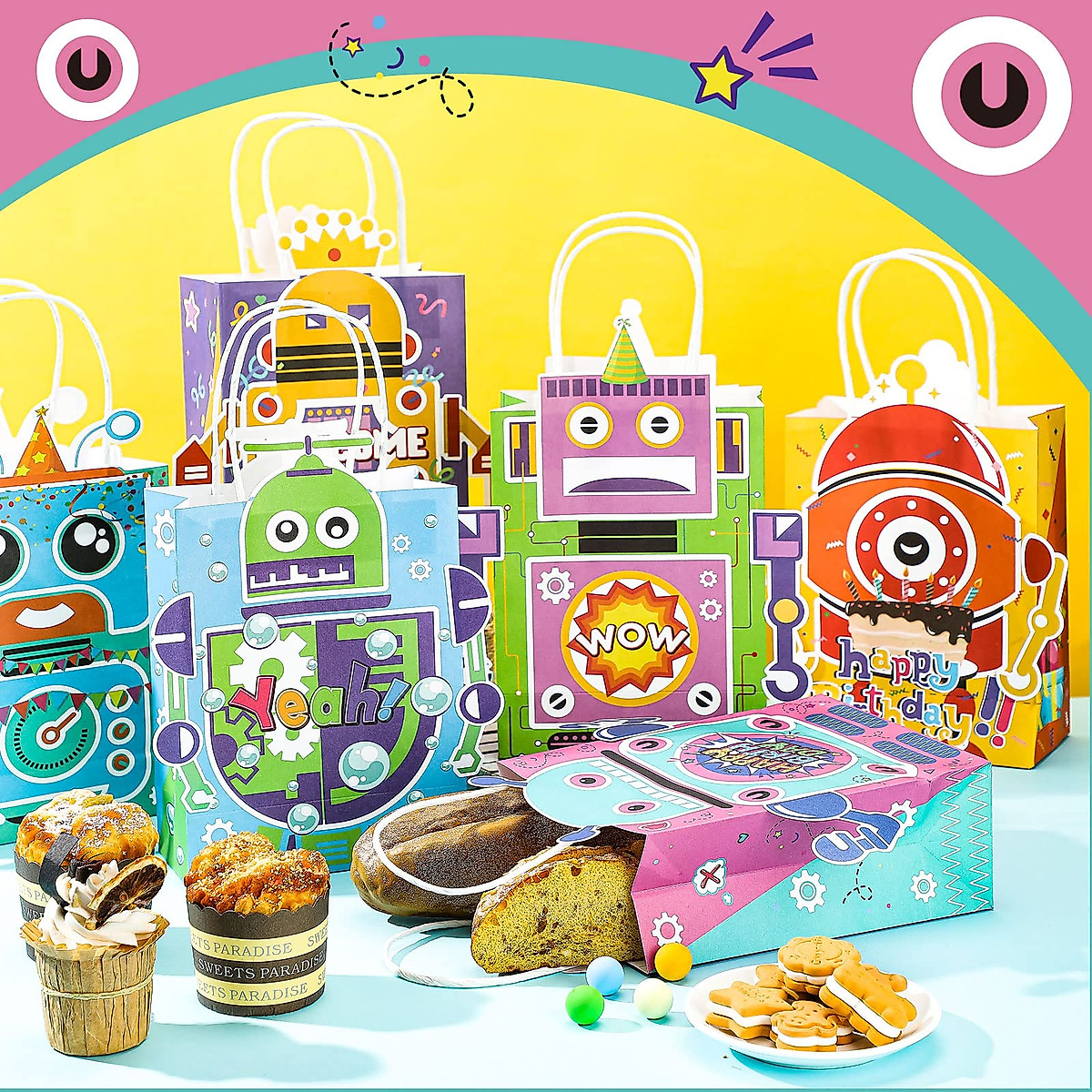 24 Pcs Robot Party Supplies Candy Gift Bags, Robot Goodie Gift Treat Bags, Kids Candy Treat Bags with Handle for Robot Themed Birthday Party Decorations Supplies