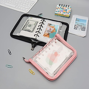 Clear A7 Binder Wallet Zipper Balck 6 Ring Glitter Budget Binders Loose Leaf Zip Up Binding Cover for Cash Envelopes System Photocard Album Journaling Planner (Black 4.5“x6)