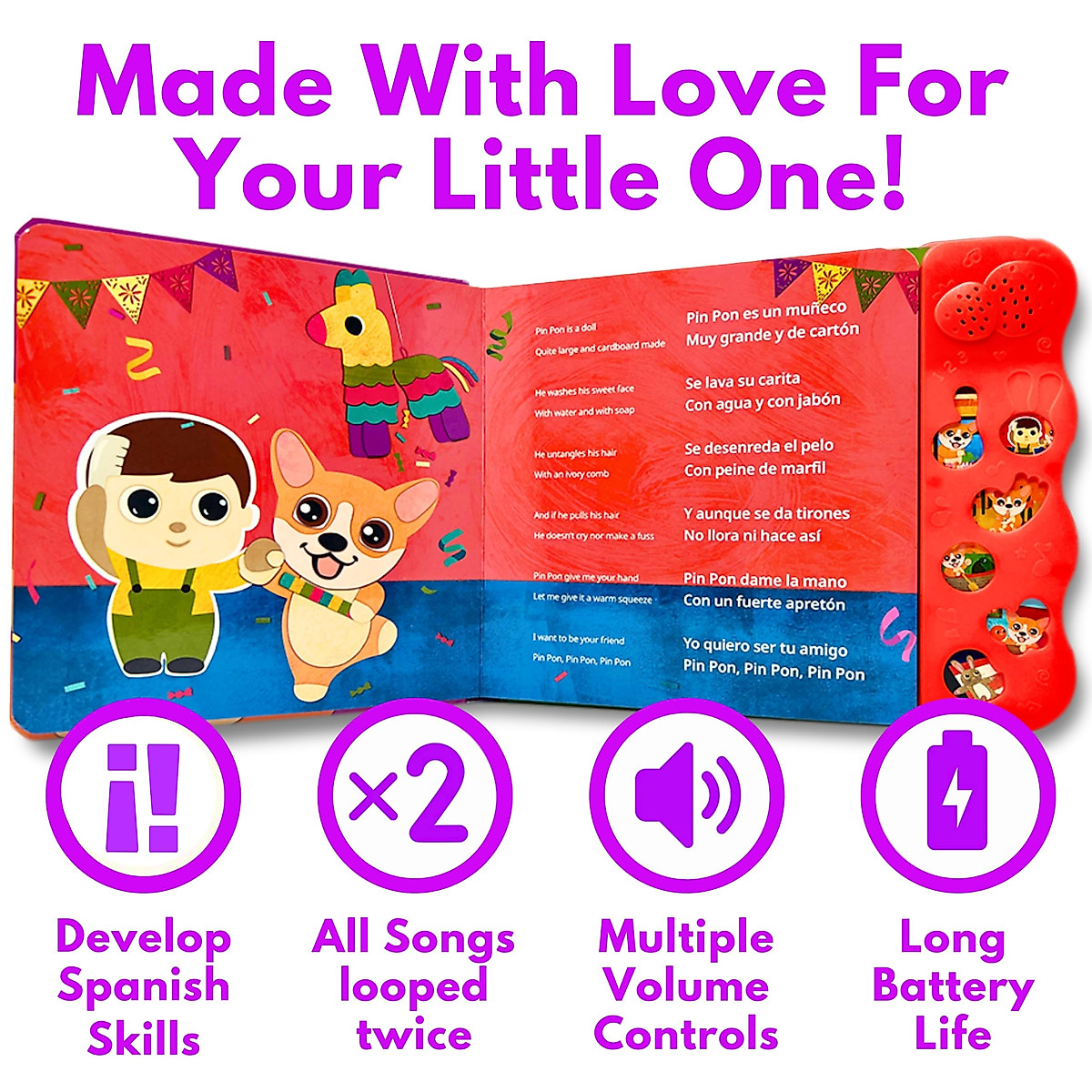 Coco Learns Spanish Vol. 1 | Musical Spanish Books for Kids 1-3, Spanish Toys for Babies & Toddlers 1-3, Baby & Toddler Spanish Books, Bilingual Learning Toys for 1 Year Old, Libros Para Bebes Español