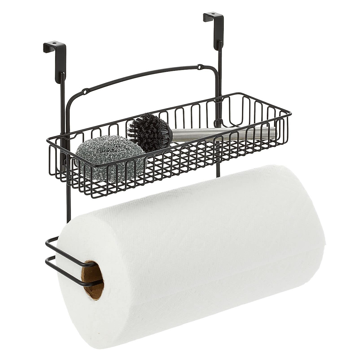 mDesign Over Cabinet Paper Towel Holder with Multi-Purpose Basket Shelf - Hanging Storage Organizer for Kitchen, Pantry, Laundry, Garage - Holds Dish Soap, Cleaners, Sponges - Metal Wire - Black