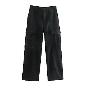 Women Side Patch Pockets Tweed Cargo Pants Vintage High Waist Zipper Fly Female Trousers S