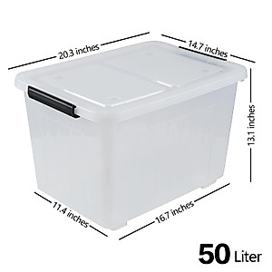 Ewingger 50 L Plastic Lidded Storage Bin, 4 Pack Clear Latching Storage Box with Wheels