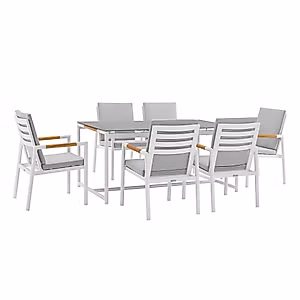 Armen Living Royal 7 Piece White Aluminum and Teak Outdoor Dining Set with Light Gray Fabric