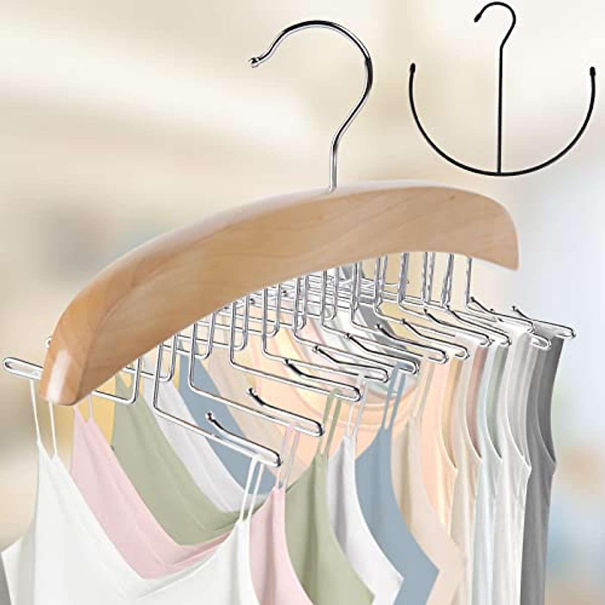 ChezMax Tank Top Hanger with 24 Hooks, Space Saving Hangers, Hanging Bras Tank Tops Ties Scarfs Hanger Organizer for Closet and Storage, 360° Rotating, Foldable Metal Hooks (Pack with U-Shape Hook)