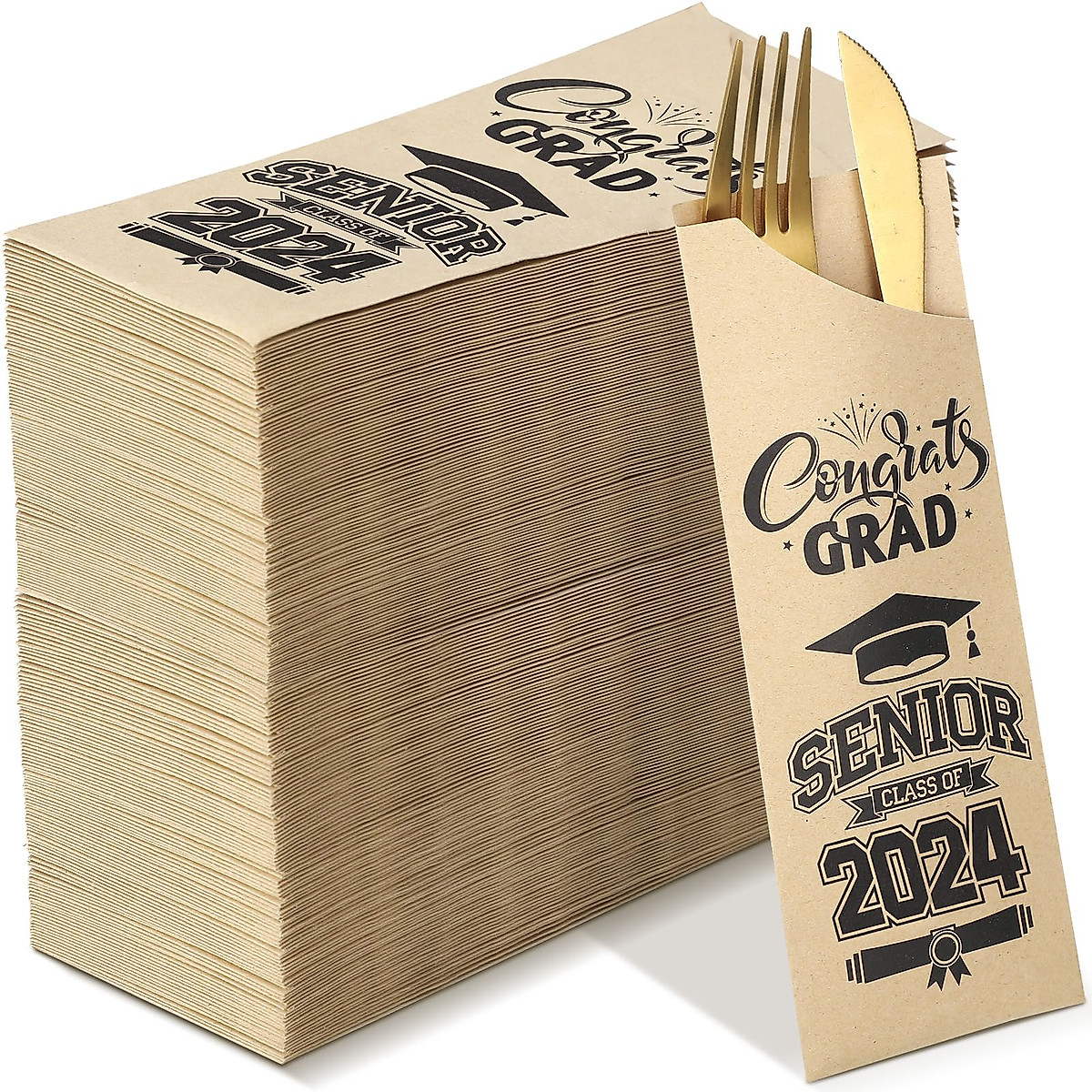 Ireer 100 Pcs Class of 2024 Graduation Paper Silverware Bags Utensil Holder for Graduation Party Supplies Pocket Sleeves for College Senior High School Congrats Grad Table Centerpiece Decor (Brown)
