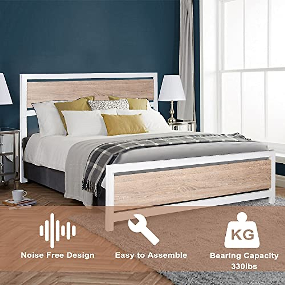 Bed Frame with Industrial Wooden Headboard and Footboard Strong Metal Support Frame Noise-Free No Box Spring Needed (White, Full)