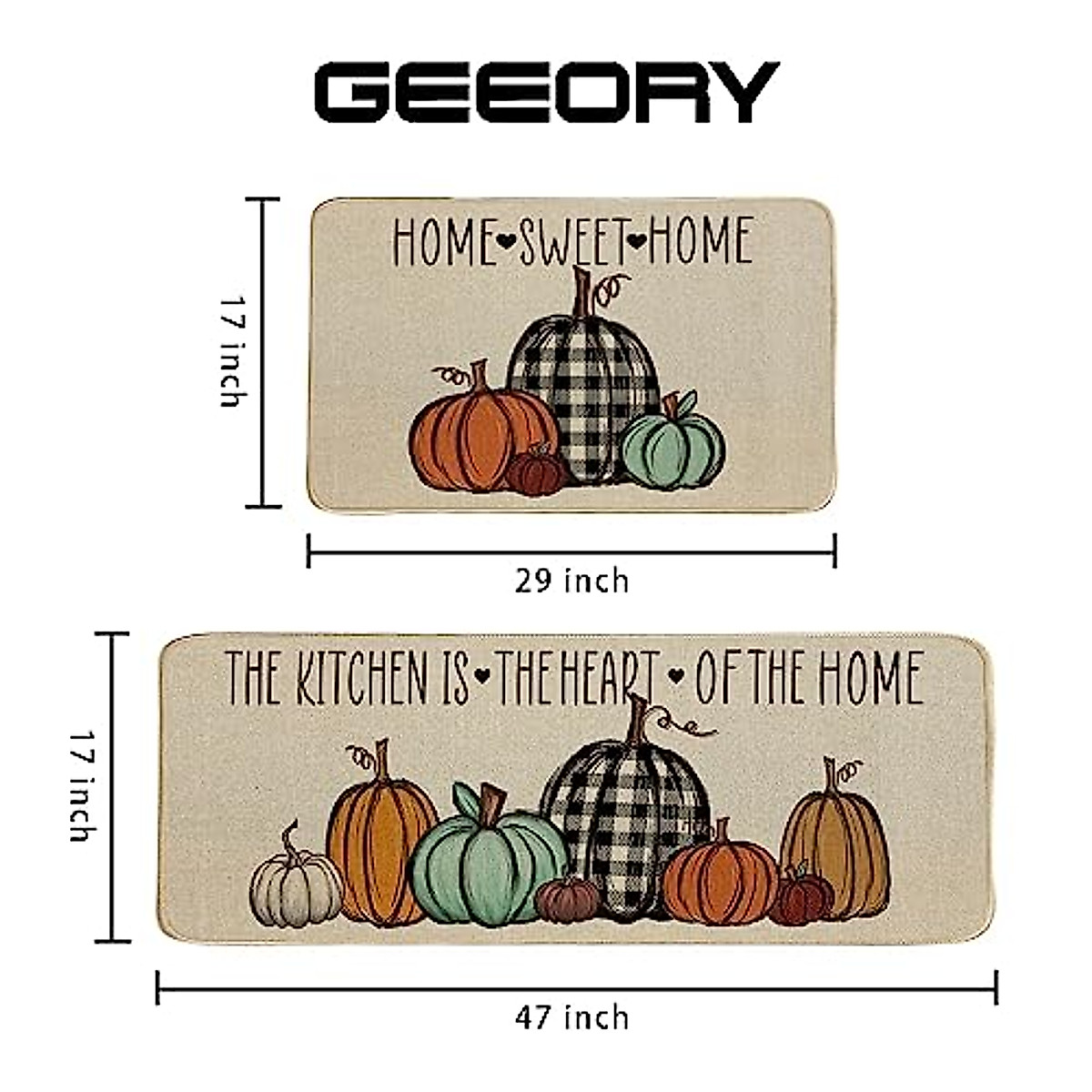 GEEORY Fall Kitchen Mats, Set of 2 Pumpkins Buffalo Plaid Check Floor Mat Farmhouse Party Seasonal Holiday Decorations 17x29 and 17x47 Inch (Black and White) GK067