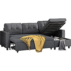 MUZZ Pull Out Sleeper Sofa with Storage, Reversible Pull Out Sofa Couch, L-Shaped Sectional Sofa with Chaise and Pocket, Ideal for Living Room, Apartment and Office (Dark Grey)