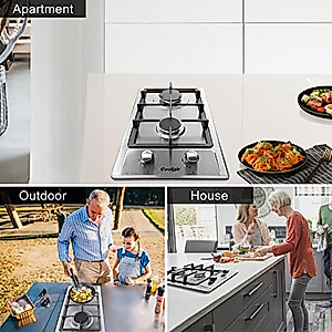 Gas Cooktop 2 Burner, Cooksir Built in Gas Stovetop 12 Inches, NG/LPG Convertible Stainless Steel Gas Hob with Flame Out Protection, for Apartments, Indoor Use, 110v